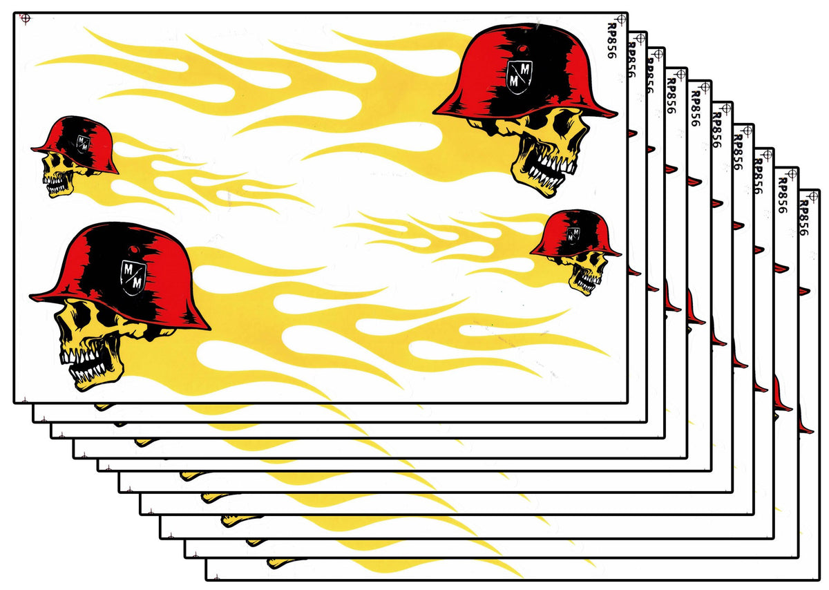 SPAR PACK OF 10 flames fire yellow skull sticker motorcycle moped scoo ...