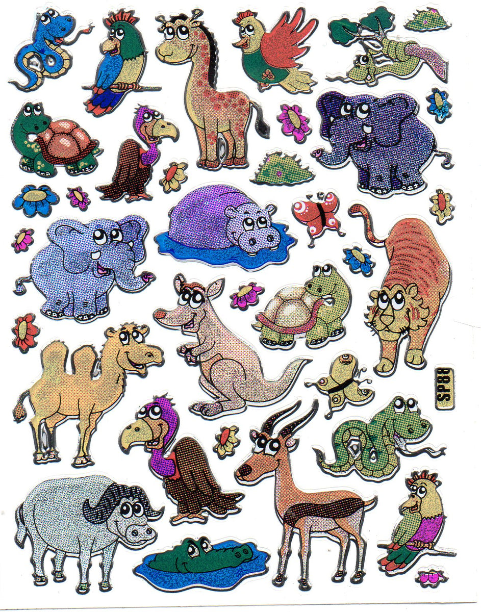 Kangaroo elephant camel colorful animals stickers metallic glitter eff ...